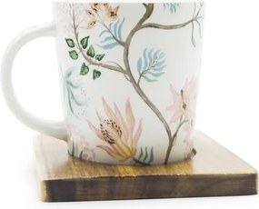 Porcelánový hrnek Fiore s podšálkem z akácie, 350 ml – květinový hrnek na čaj a kávu