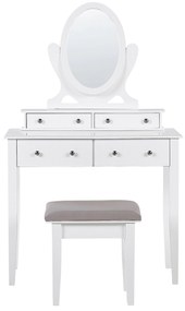 Toaletní stolek, 4 zásuvky, oválné zrcadlo a bílá stolička LUNE Beliani