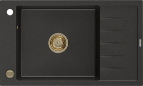 Mexen Elias, granitový dřez granitový 795x480x200 mm, 1-komorový, černá-zlatá metalíza se zlatým sifonem, 6511791005-75-G