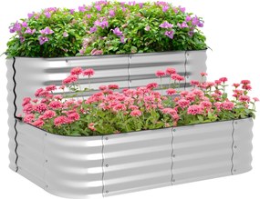Vyvýšený zahradní záhon Outsunny, dvouúrovňový květináč, rostlinný box, záhon pro zeleninu se šrouby, bylinková zahrada pro zahradu, balkon, stříbrný,