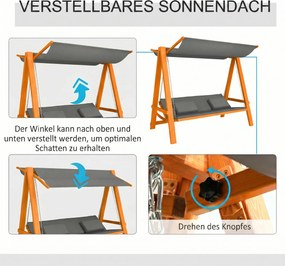 Outsunny Hollywoodská houpačka pro 3 osoby s funkcí lůžka, zahradní houpačka se stříškou, borovicové dřevo v šedé barvě a teak, 225,5x113x180cm