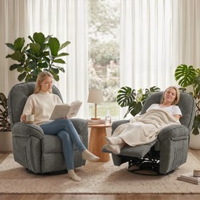 HOMCOM relaxační polohovací křeslo s otáčením 360° a houpáním, manuální chenille, široké sedadlo, vysoké opěradlo, opěrka nohou a boční kapsy, světle…