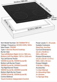 Indukční varná deska 60 cm, 4 hořáky VEVOR – 7000 W