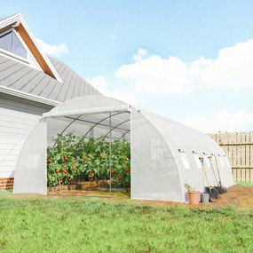 Outsunny venkovní tunelový skleník 6 × 4 × 2 m – pozinkovaný rám, voděodolný a UV-odolný PE potah, rolovací dveře a síťovaná okna, bílý