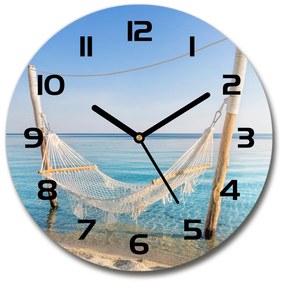 Wallmuralia Skleněné hodiny kulaté Houpací síť nad mořem fi 30 cm