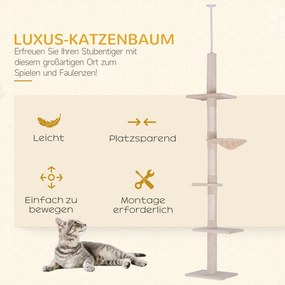 PawHut škrabadlo stropní, H230-260 cm, výškově nastavitelný strom pro kočky, stabilní, béžový| Aosom