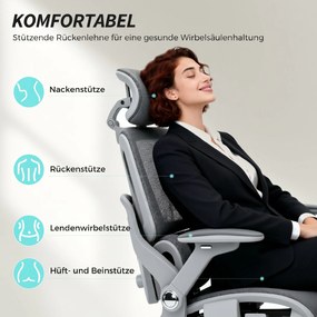 HOMCOM ergonomická síťovaná kancelářská židle — 4D područky, nastavitelná opěrka hlavy a hloubka sedáku, bederní opora, sklápění 135° s opěrkou nohou…