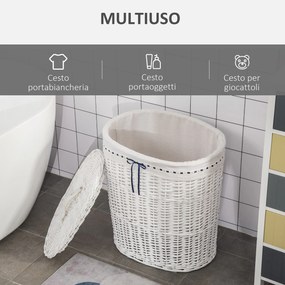 Proutěný koš na prádlo HOMCOM s víkem, pratelné textilní vnitřní tašky, pojme 15 kg špinavého prádla, bílý