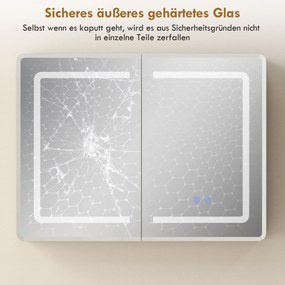 HOMCOM Zrcadlová skříňka do koupelny s LED osvětlením, 60 x 80 cm koupelnová skříňka s protimlžnou, 3-cestnou stmívatelnou