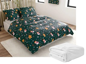 Sada 2ks mikroplyšového povlečení SNĚHULÁK A PERNÍČEK zelené + prostěradlo mikroplyš SOFT 180x200 cm bílé, dvoulůžko