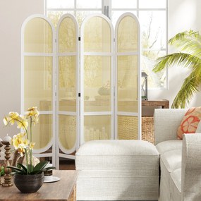 HOMCOM Dřevěná Příčka do Interiéru 4 Panely 170 x 160 cm, Skládací a Přenosná, Ručně Tkaný Vzor, Oddělovací Příčka pro Obývací Pokoj a Ložnici, Bílá