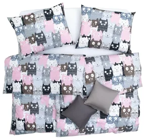 SCANquilt povlečení KLASIK DESIGN multi cats šedorůžová 140 x 220/70 x 90 cm