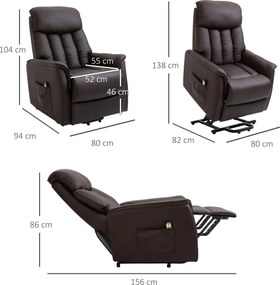 HOMCOM elektrické křeslo se stojanem TV křeslo se stojanem, polohovací s funkcí sklápění, imitace kůže, hnědá, 80 x 94 x 104 cm| Aosom