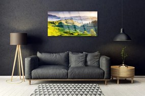 Obraz na skle Hora Pole Mlha Příroda 140x70 cm