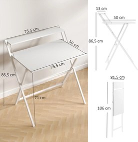 HOMCOM Skládací Počítačový Stolek 75,5 x 50 cm se Skladovací Policí, Psací Stůl do Ložnice, pro Malé Prostory, Bílá