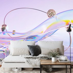 Fototapeta Abstract 3D Render. Glass Ribbon On Water With Geometric Circle And Spheres. Holographic Shape In Motion. Iridescent Digital Art For Banner Background, Wallpaper. Transparent Glossy Design Element. Hladký vinyl 90x60