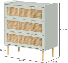 HOMCOM Komoda se 3 zásuvkami v bohémském stylu s dřevěným rámem, ratanová komoda do ložnice, obývacího pokoje a předsíně, 80 x 40 x 87,5 cm, olivově z