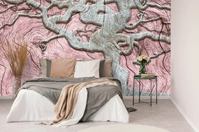 Samolepící tapeta abstraktní strom na dřevě s růžovým kontrastem - 450x300 cm