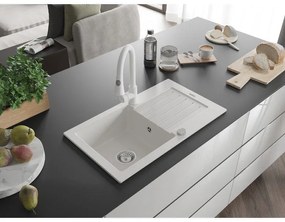 Mexen Pablo, 1-komorový granitový dřez 752x436x161 mm a dřezová baterie Elia, bílá, 6510-20-670101-20