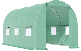 Zelený skleník Outsunny 445x190x200cm s fólií, rajčatový dům s dveřmi, 6 okny, pozinkovaný ocelový tunel, PE, pevný skleník na rostliny, včetně kotvic