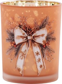 Elegantní vánoční skleněný svícen s mašlí M – Lososový - Ø 10*13 cm