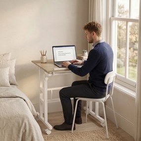 HOMCOM sedací‑stojací stůl výškově nastavitelný 70 x 60 cm na kolečkách s naklápěcí deskou, kovový rám, hnědý