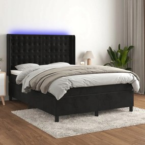 Box Spring Postel S Matrací A Led Černá Samet Černá tlačítka 140 x 190 cm