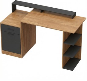 HOMCOM psací stůl 140 × 60 cm s zásuvkami, držákem na sluchátka, skříňkou a policemi — dub/černá