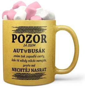 Hrnek Pozor autobusák (zlatý) (Náplň hrníčku: Marshmallow)