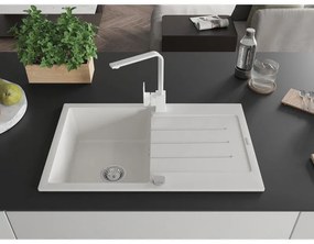 Mexen Bruno, dřez granitový 795x495x200 mm, 1-komorový, bílá s chromovým sifonem a bílá dřezová baterie Rita, 6513-20-670300-20