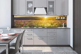 DIMEX | Fototapeta do kuchyně Sluneční paprsky nad loukou KI-260-201 | 260 x 60 cm | žlutá, zelená, fialová