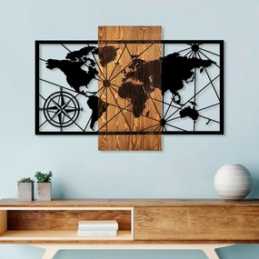 Wallexpert Dekorativní nástěnný dřevěný doplněk World Map 3-M, Ořech, Černá