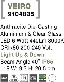 NV 9104835 Venkovní nástěnné svítidlo VEIRO antracitový hliník a čiré sklo LED 6W 3000K 200-240V IP65 světlo nahoru a dolů 40st. - NOVA LUCE