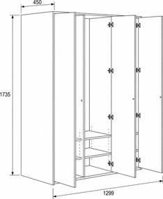 Šatní skříň FRAME, 3 oddíly, 1299 x 450 x 1735 mm, PUSH-lock, dub přírodní