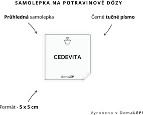 CEDEVITA - omyvatelná samolepka na dózu, výběr rozměrů Ø 5 cm / 5 x 5 cm / 6 x 8 cm | DomaLEP tvar: KOLEČKO, barva: PRŮHLEDNÁ - ČERNÉ písmo, velikost: Ø 5 cm - tučné písmo
