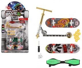 Sada skateboard šroubovací, koloběžka prstová, waveboard plast s doplňky mix druhů na kartě 16x30cm