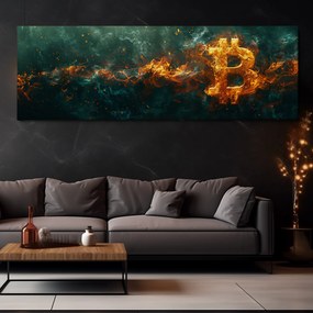 Obraz na plátně - Bitcoin in Fire Emerald FeelHappy.cz Velikost obrazu: 120 x 40 cm