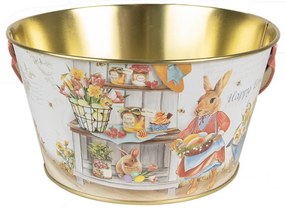 Hliníkový dekorační kyblík s velikonočním motivem zajíčků a vajíček Happy Easter – 19x10 cm