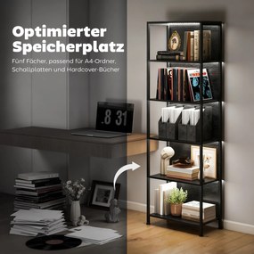 HOMCOM Knihovna s 5 policemi, volně stojící regál s LED osvětlením, 7 barev světla, do obývacího pokoje, 60 x 30 x 179 cm, černá
