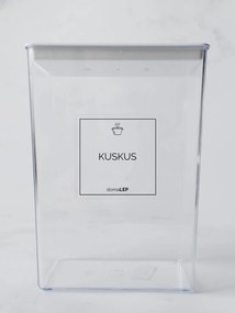 KUSKUS – průhledná samolepka na dózu, základní písmo, 5 × 5 cm