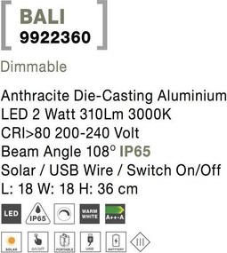 NV 9922360 Venkovní stojací lampa BALI antracitový hliník LED 2W 3000K 5V DC 108st. IP65 solární / USB kabel / vypínač na těle / stmívatelné - NOVA LUCE