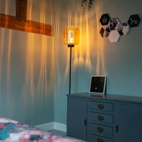 Designová stojací lampa černá s jantarovým sklem - Qara
