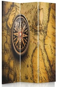 Ozdobný paraván, Kompas na staré mapě - 110x170 cm, třídílný, klasický paraván