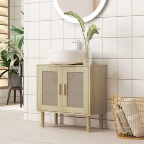HOMCOM koupelnová skříňka pod umyvadlo, úložný prostor, ratanové dveře, bohémský styl, nohy z borovice, 2 úrovně, 60 x 30 x 60 cm, Dub | Aosom