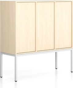 Kancelářská skříň FRAME, nízká, bílá podnož, 3x dveře, 1299 x 450 x 1331 mm, PUSH-lock, bříza