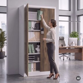 Kovová kancelářská skříň se zámkem na kód bílá, ořech, 900x1850x400 mm: DANIEL Eco Design