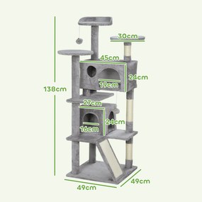 PawHut Kočičí škrabadlo výška 138 cm, strom pro kočky s sisalovými škrabacími sloupy, platformami, úkryty, zavěšenými míčky a hamakem, světle šedé