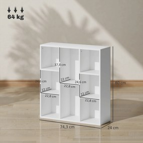 HOMCOM Knihovna se 3 Policemi a 8 Přihrádkami, Vertikální nebo Horizontální Design pro Obývací Pokoj, Kancelář, Ložnici 74,3x24x80 cm Bílá