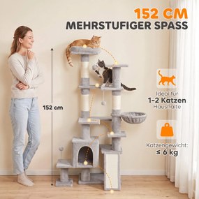 PawHut Škrabadlo velké, 152 cm vysoký kočičí strom se škrabacími sloupky, jeskyně 2 vstupy, 3 míčky, houpačka, 6 kg, světle šedá