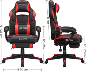 Ergonomická židle, výškově nastavitelná kancelářská židle s podnožkou, černá-červená